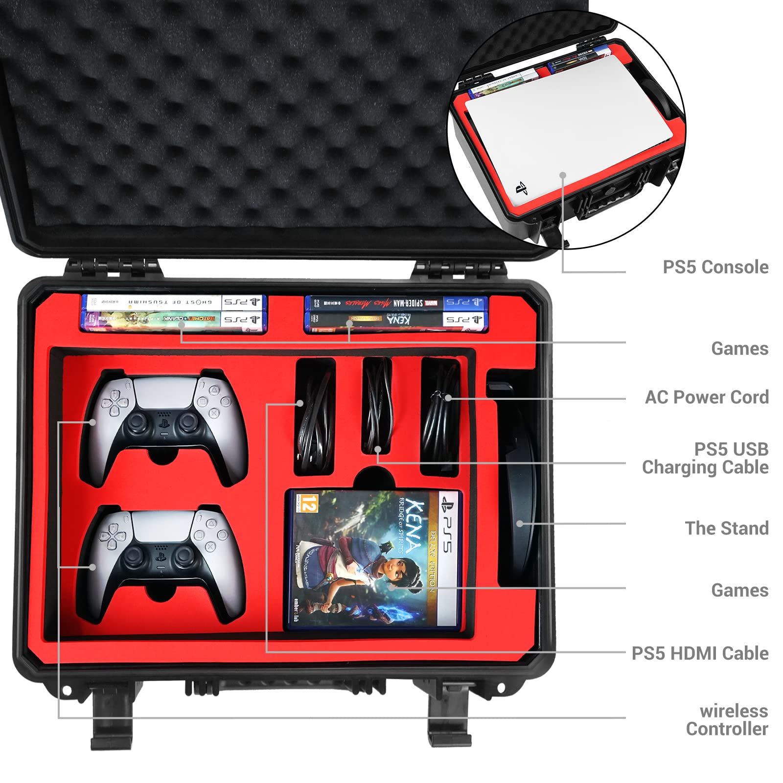 AGEISQOR Premium Carrying Case for PS5 -Travel Hard Case Fits PlayStation 5 Console Controllers Games Cables-PS5 Case with Customized Foam for Both Disc and Digital Versions, Red