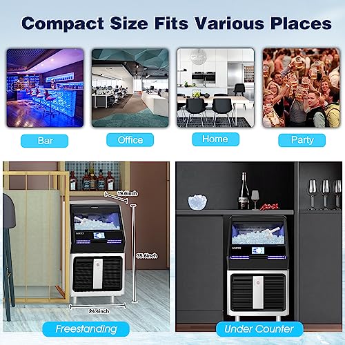 GSEICE Commercial Ice Maker Machine,280lbs/24H with 70lbs Ice Storage Capacity, 20β Air Cooled Undercounter Full Cube Ice Maker, 304 Stainless Steel Smart Control Ice Machine for Home Business Party