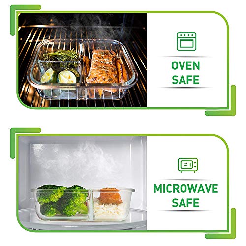 PrepNaturals glass food storage containers, meal prep container, bento box for lunch, dishwasher & microwave safe (multi-compartment)