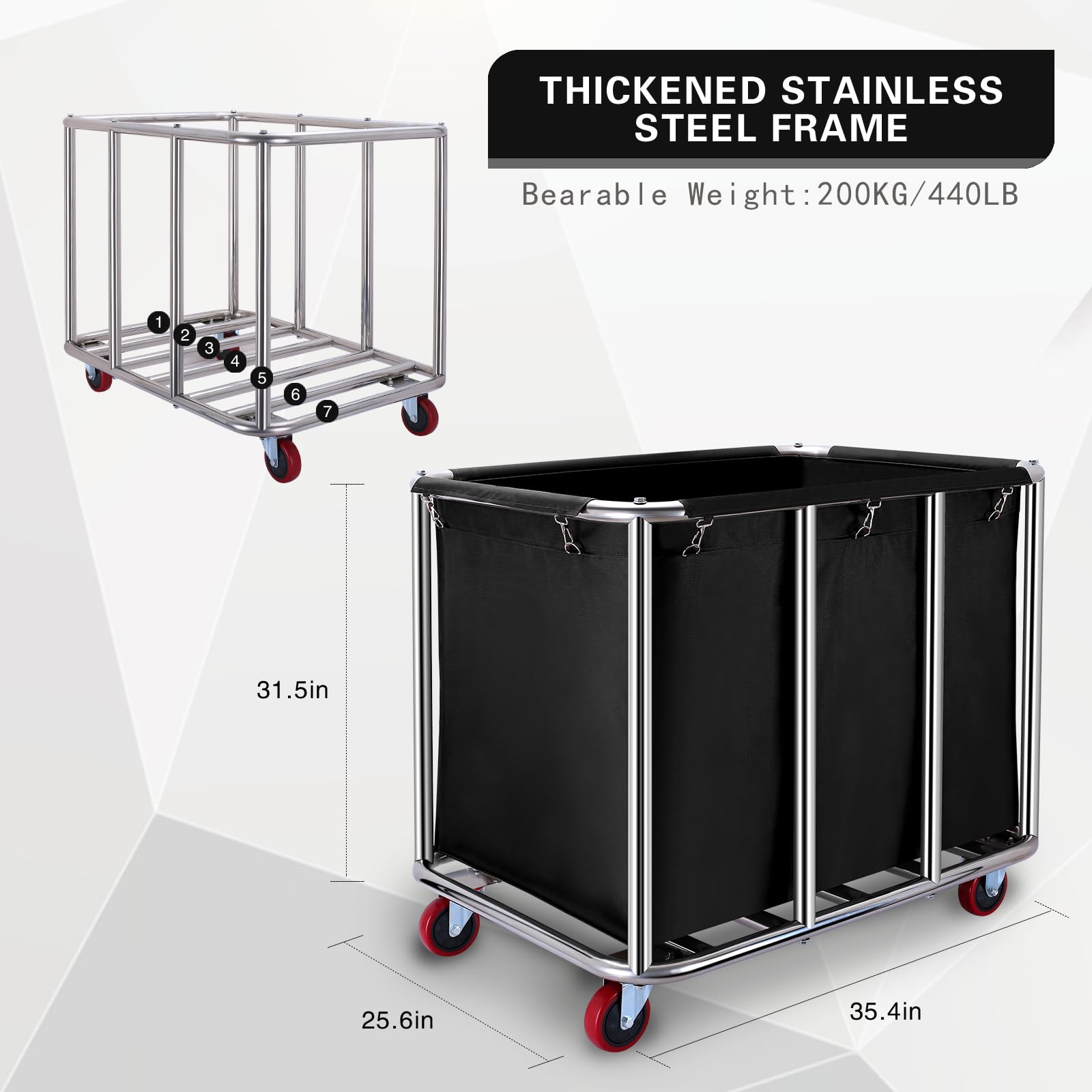 Commercial Laundry cart with Wheels,400L Large Laundry Basket with Wheels,Laundry Hamper on Wheels Heavy Duty with Steel Frame and Waterproof Oxford Cloth, 330Lbs Load (C-Black)