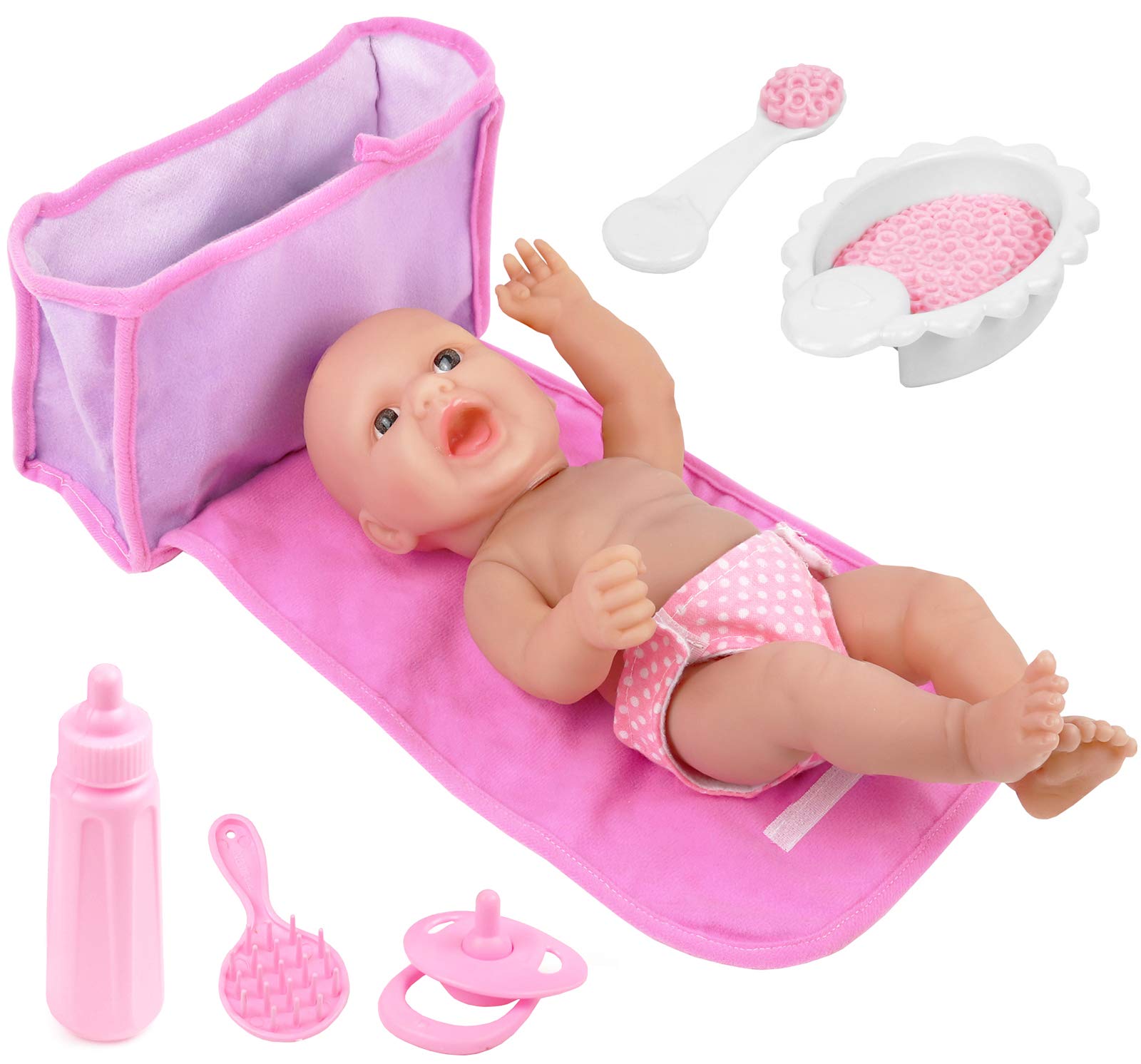 Click N' Play Baby Girl Doll 14” with Caring Accessory Set, Pink