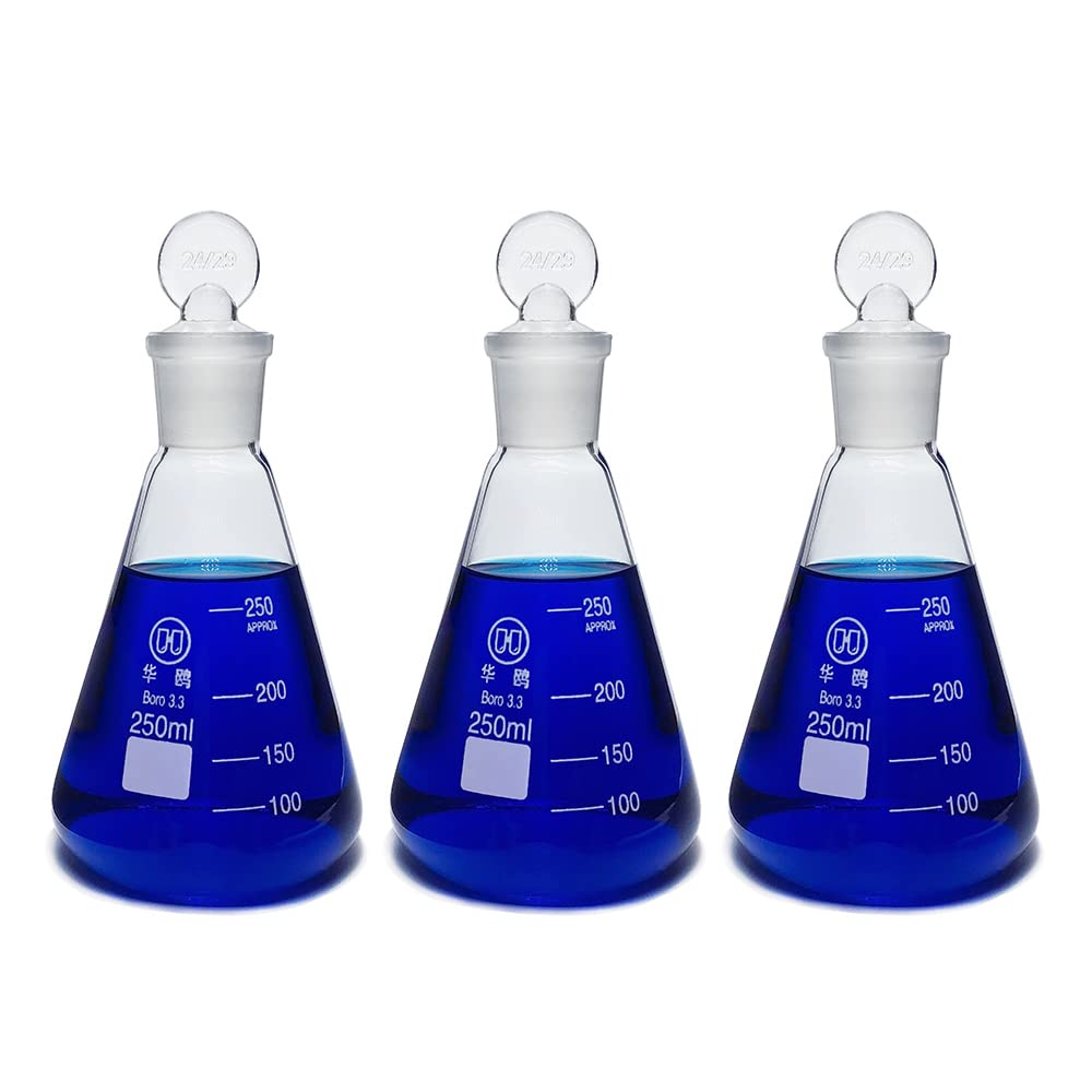HUAOU 250ml Glass Erlenmeyer Flask Set, 3pcs Laboratory Glassware Flask with Glass Stopper for Chemistry Classroom Home Use, 3.3 Borosilicate Labware Science Flask, Narrow Mouth, Printed Graduation