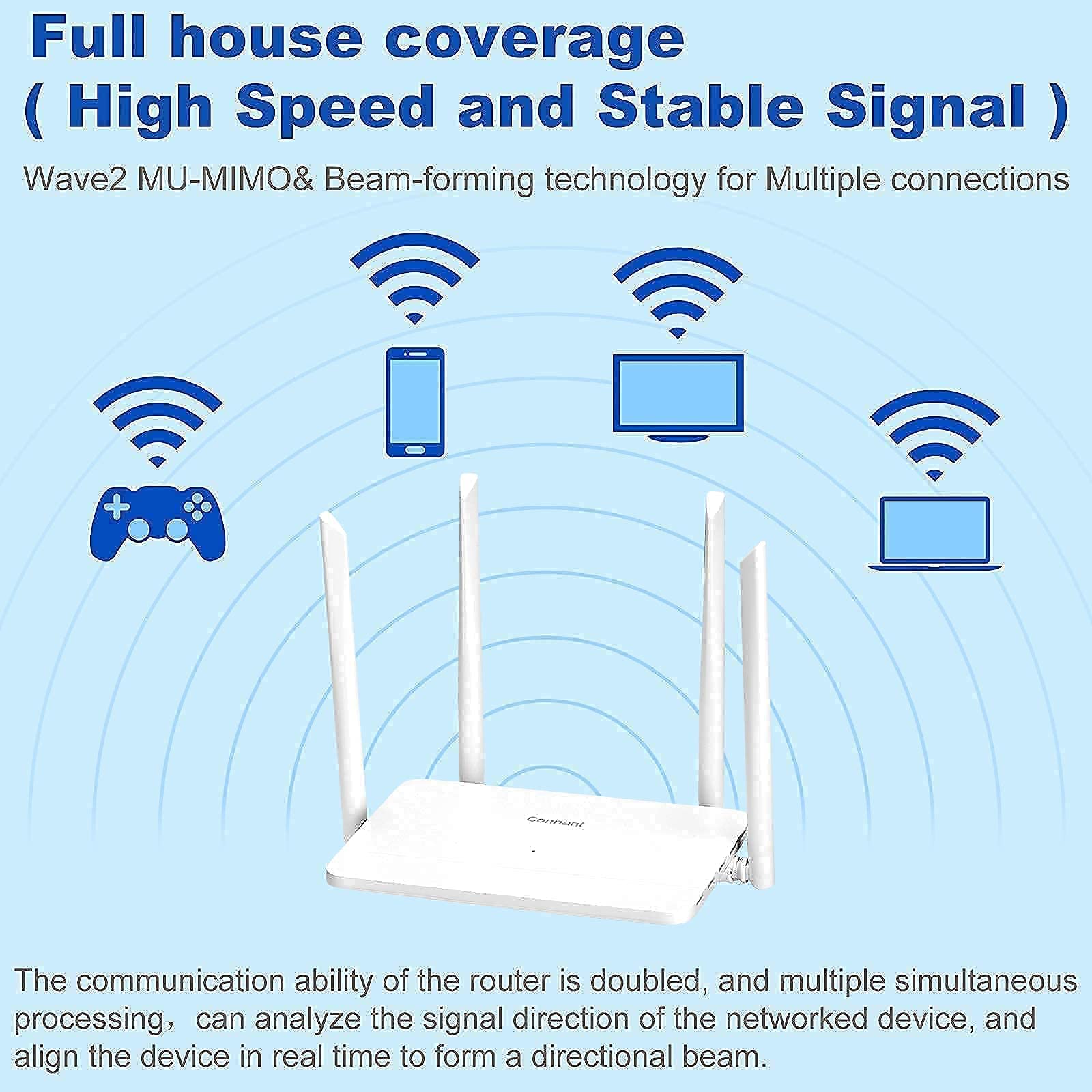 AC1200 Gigabit Wireless Internet Smart Router, Dual Band WiFi 5 Router, 4 Antennas for Strong Signal and High Speed, Full WiFi Signal Coverage for Large Home, Support for Repeaters and Access Points