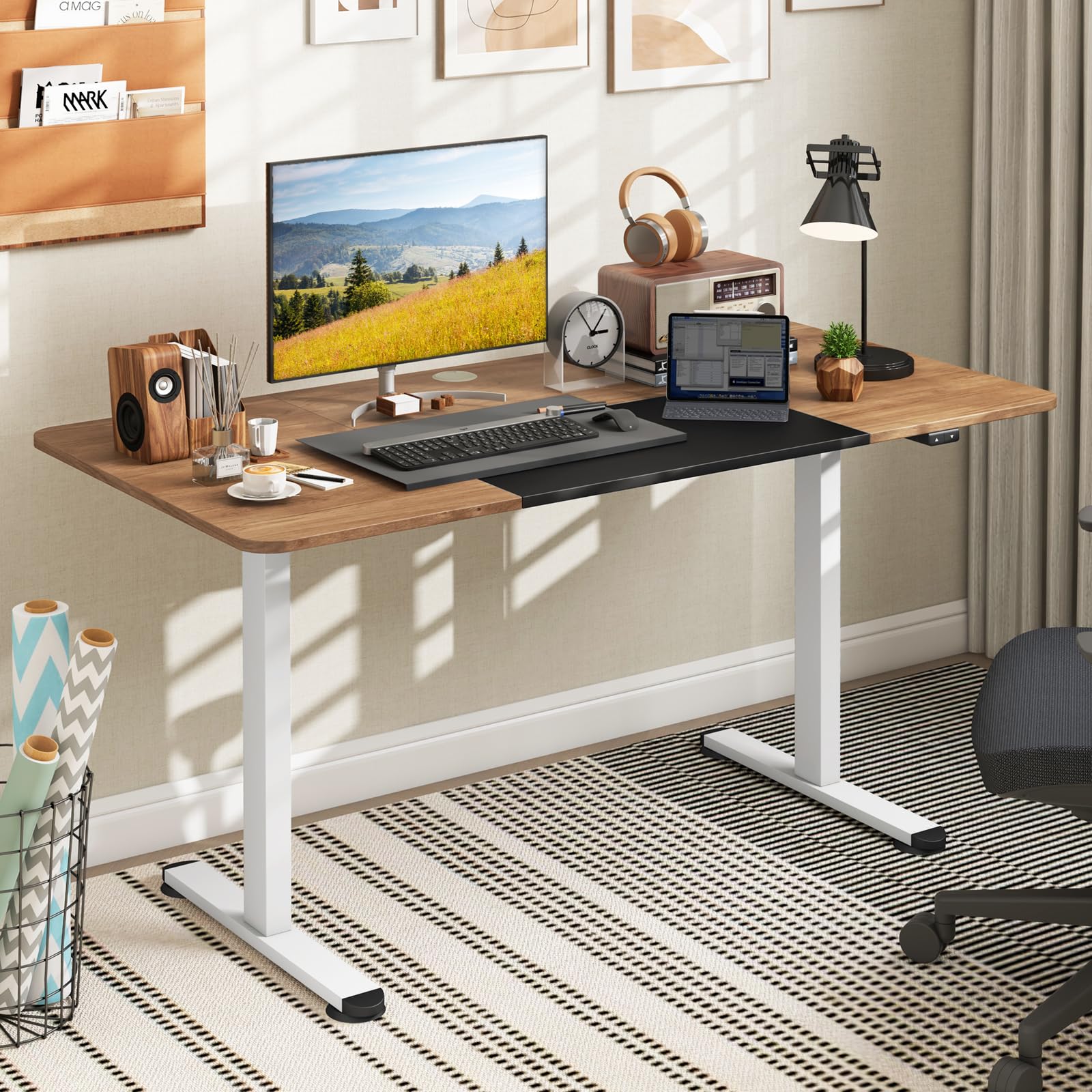 Tangkula 55 x 28 Inch Large Electric Standing Desk, Height Adjustable Sit to Stand Desk with Powerful Motor & Anti-Collision Design, Ergonomic Stand Up Workstation with Metal Frame, Home Office Desk