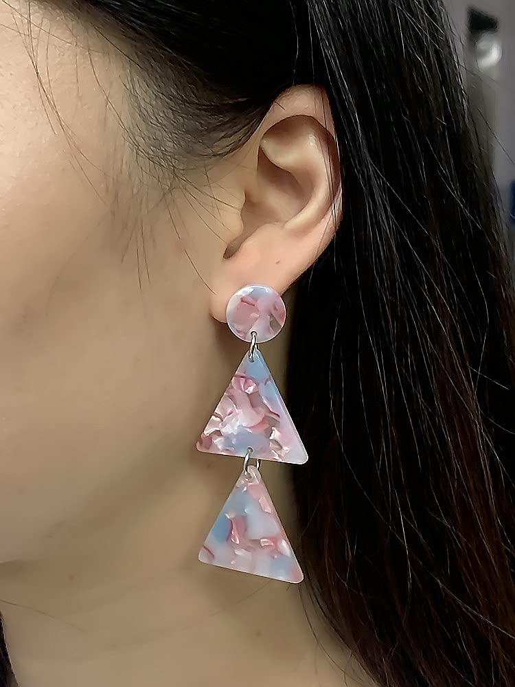Acrylic Double Triangle Dangle Earrings for Women Resin Geometric Round Circle Tassel Drop Dangling Stud Hypoallergenic Lightweight Retro Party Y2K Jewelry Christmas Tree (Pink and Blue)