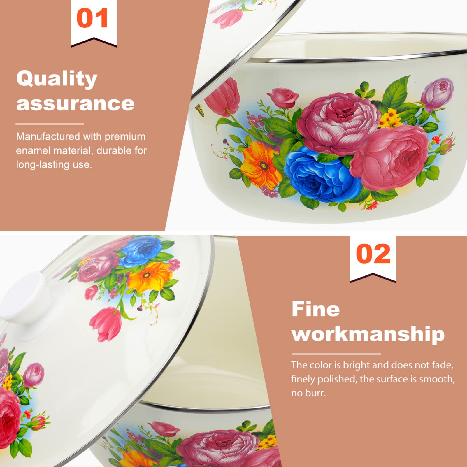 Angoily Enamel Mixing Bowl with Lid Flower Large Salad Bowl Enamelware Washing Basin Chinese Style Soup Bowls Vintage Serving Bowl for Ramen Asian Dishes Cereal Rice Noodle