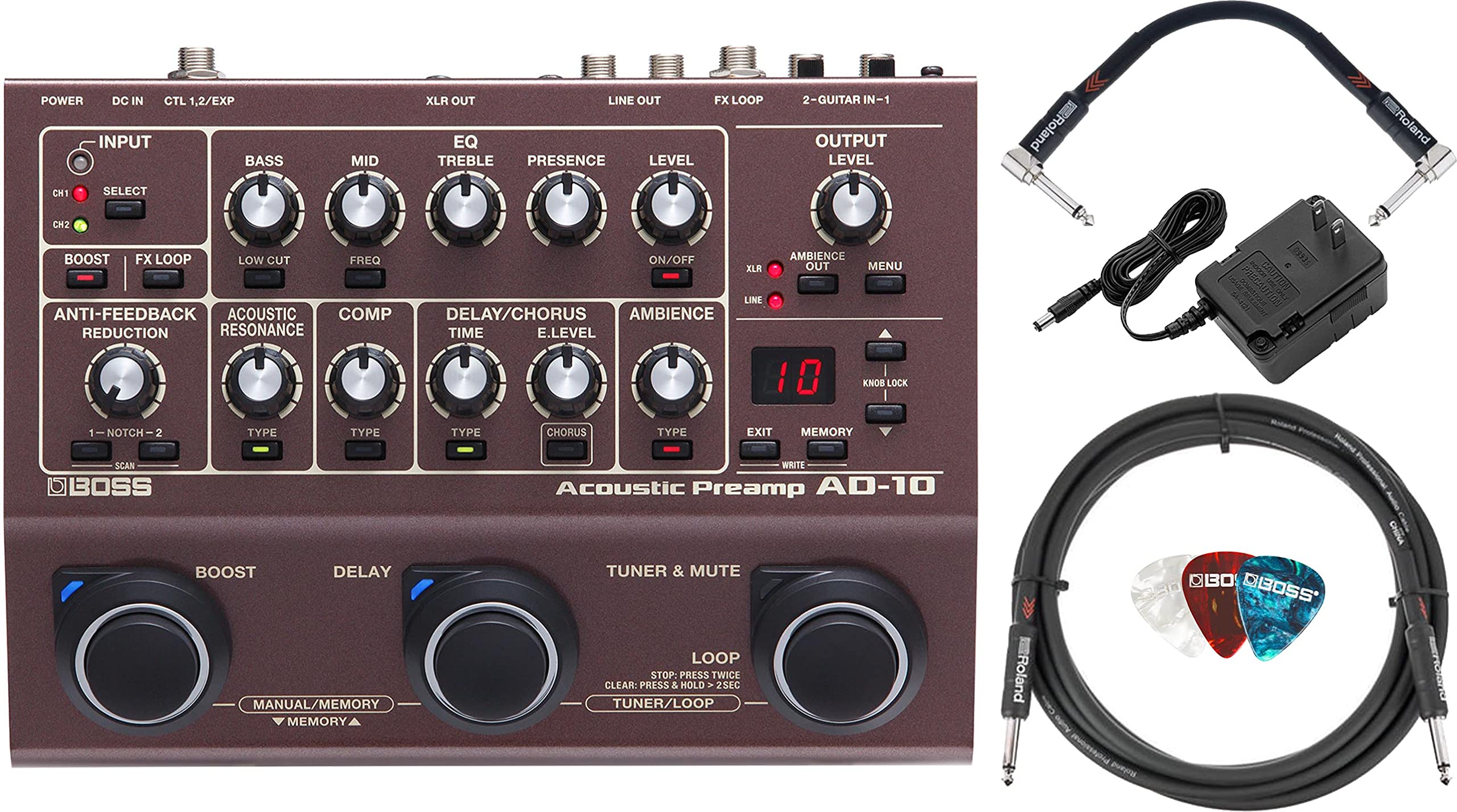 Boss AD-10 Acoustic Preamp Bundle with Roland Power Adapter, 10ft Instrument Cable, 6in Patch Cable, and Picks