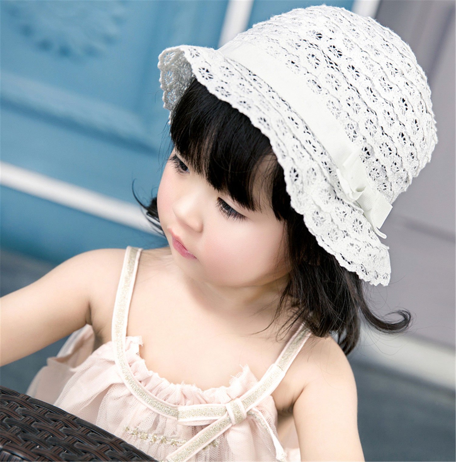 jerague Kids Toddler Baby Straw Sun Hat with Bowknot White Floppy Summer Beach Protection Hats for Boy Girl (White/Lace, 3-5years)