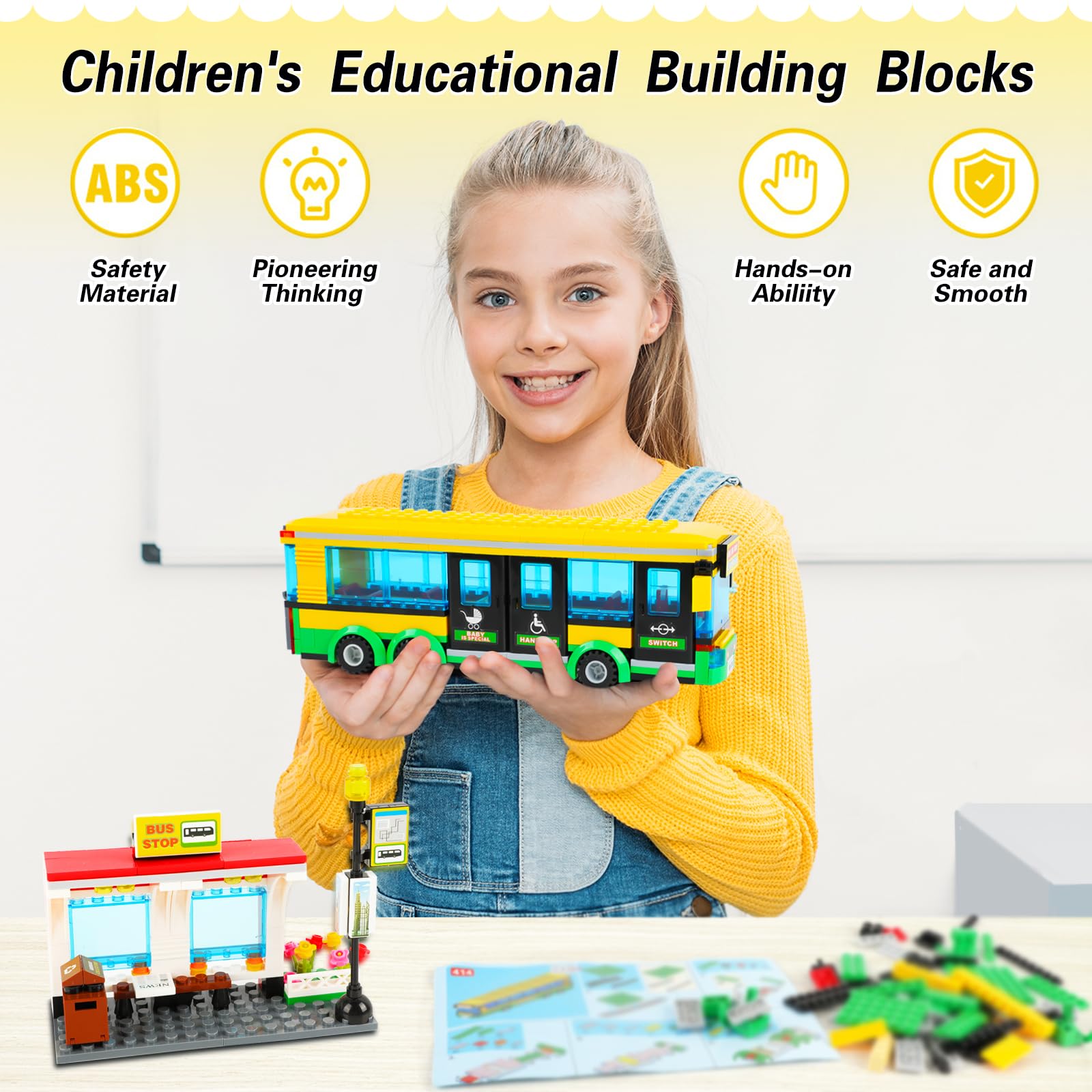 City Town Bus Station Building Block Set - 386 Pieces, Educational Learning Creative STEM Bus Toy, Ideal Gift for Kids, Boys, and Girls Ages 6 and Up