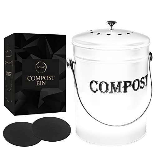 Compost Bin Kitchen 1.3 Gallon Smell Free Charcoal Filter Countertop Compost Bin with Lid - Stainless Steel Rust-Free Composting Bin for Kitchen Counter Compost Bucket Includes a Spare Filter (White)