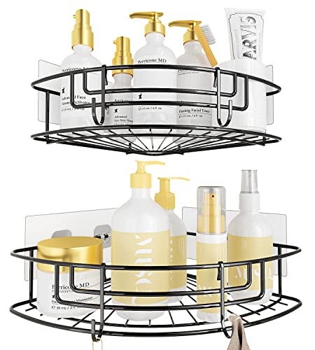 GAAKY Corner Shower Caddy, 3 Pack Corner Shower Shelf with Soap Holder and 4 Hooks, No Drilling Shower Organizer Adhesive Stainless Steel Shower Shelves for Bathroom Storage(Black)