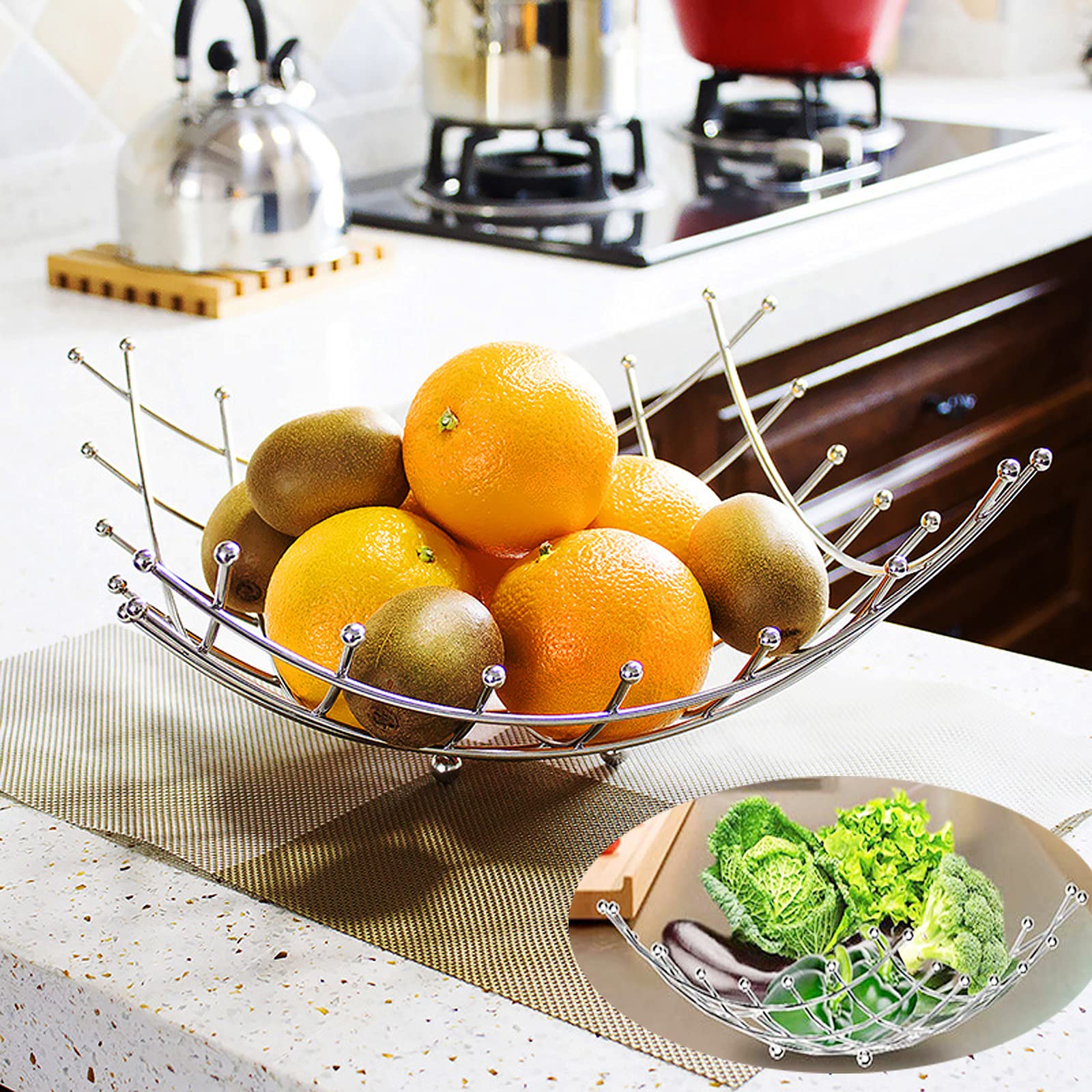 BAIOUDA Fruit Basket Silver Fruit Bowl Vegetable Storage Holder, Gold Living Room Desktop Fruit Bowl Creative Fashion Storage Basket For Kitchen Decoration (Silver)
