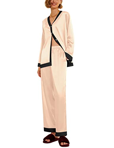 Ekouaer Satin Pajamas Silk Pjs Sets Button Down Sleepwear Set Winter Pajamas for Women with Pockets,Champagne,L
