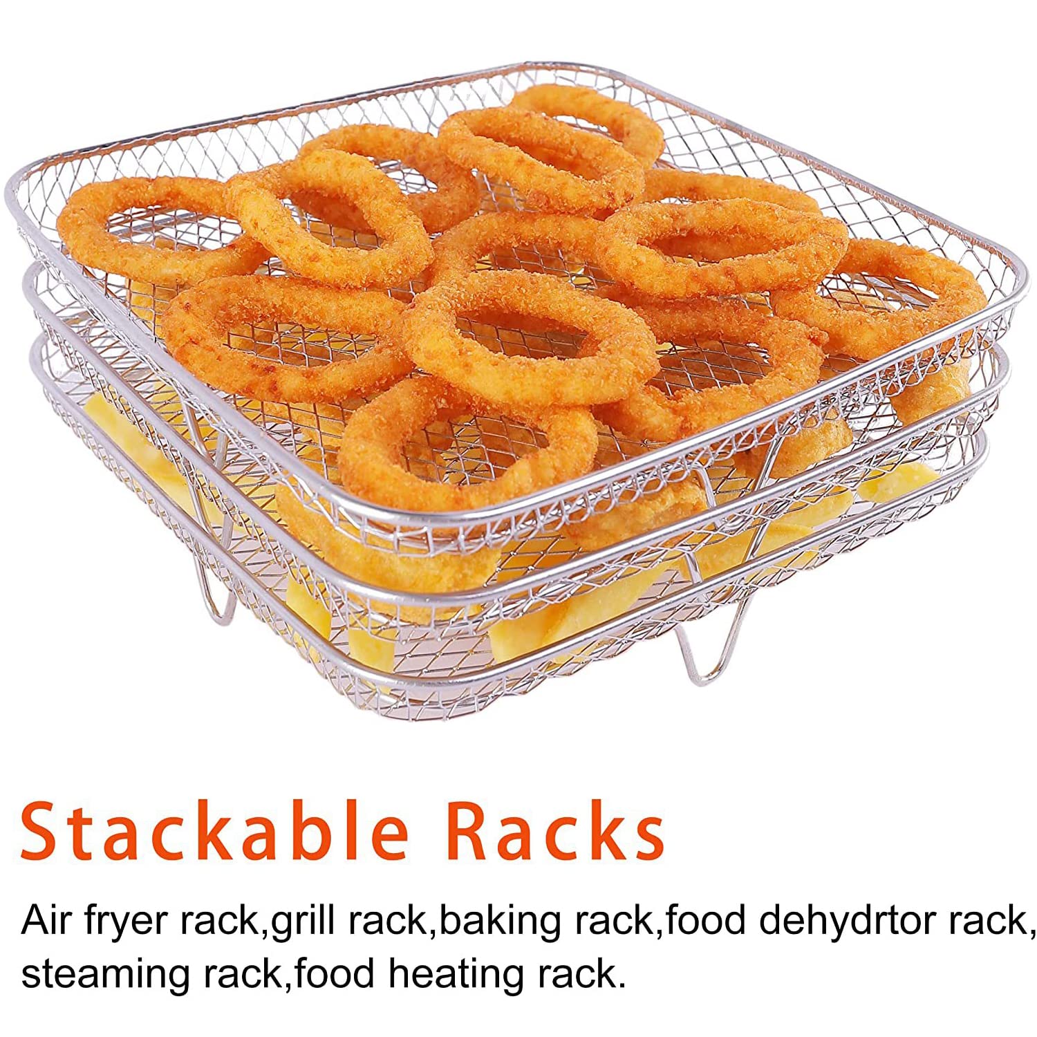 Air Fryer Rack Fit NINJA, Instant Vortex, Chefman Dual Zone; Rectangle Three Stackable Racks,Stainless Steel Multi-Layer Dehydrator Rack Double Zone Air fryer Accessories