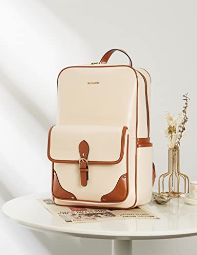 BOSTANTEN Leather Laptop Backpack for Women 15.6 inch Computer Bag Stylish College Daypack Travel Bag Off-white with Brown