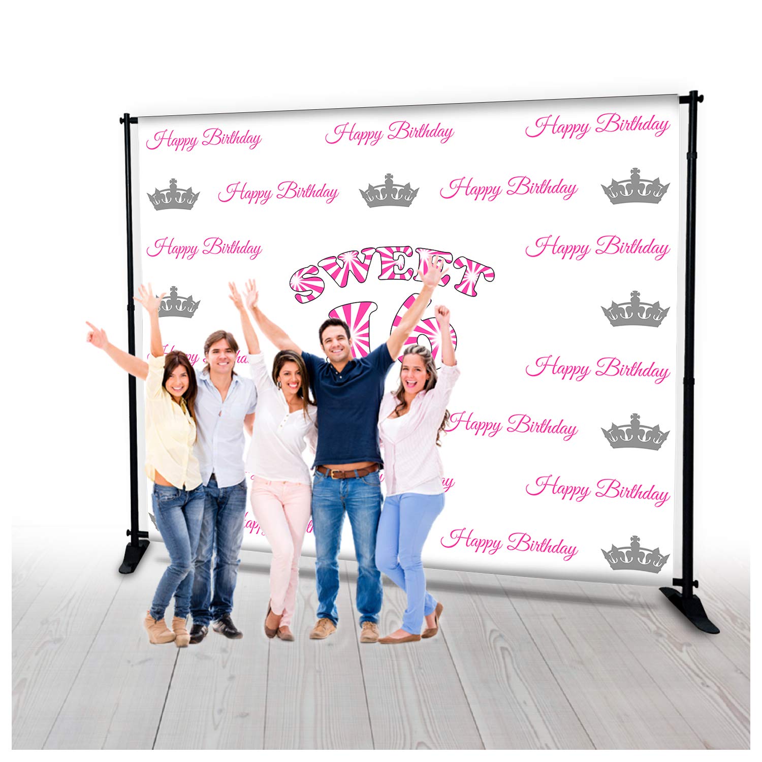 BannerBuzz Happy Birthday Sweet 16 Step and Repeat Banner, Print only, 11 oz. PVC Flex , 720 DPI Eco-Solvent Printing, for Events and Parties, Photography Background (8'W x 10'H)