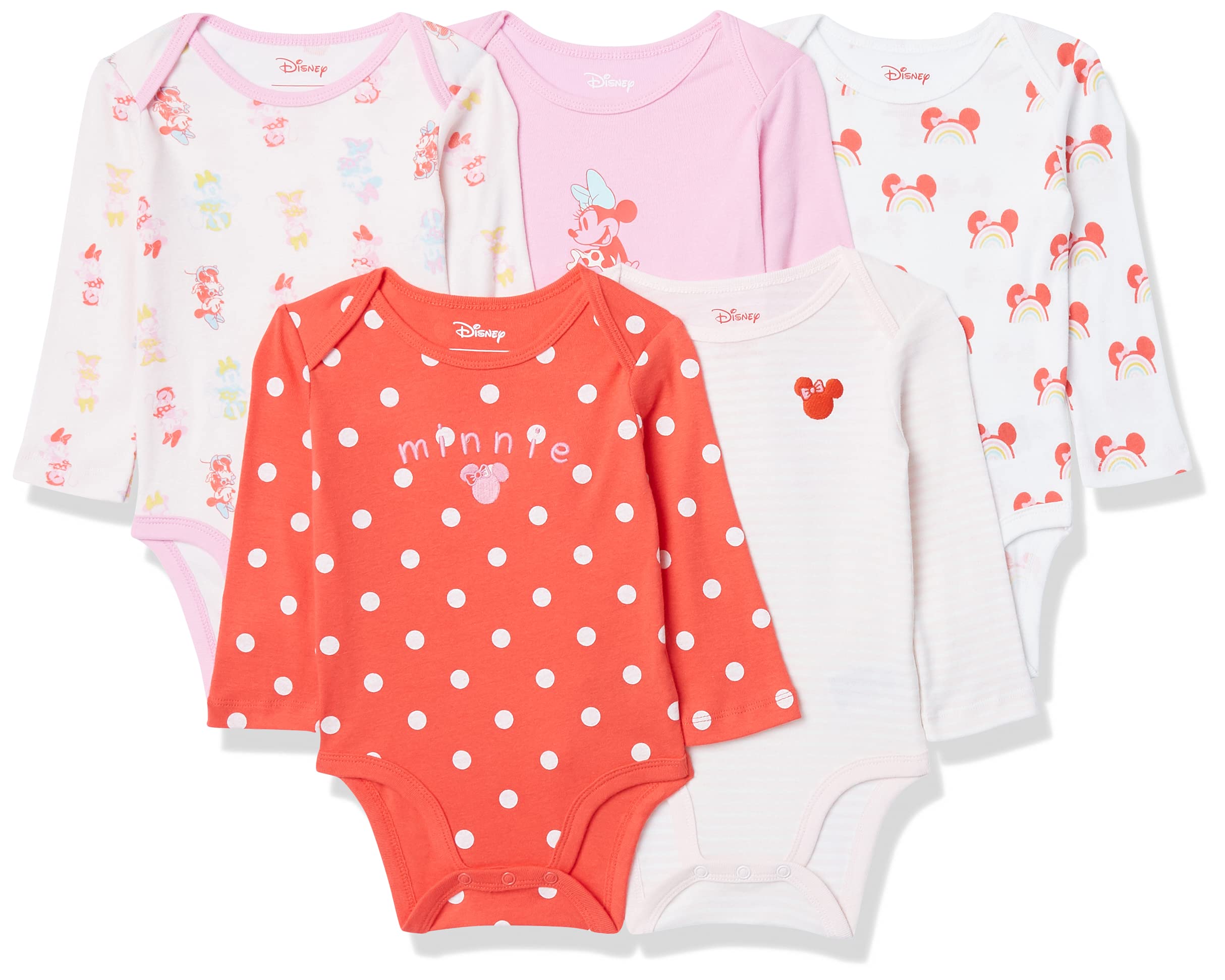 Amazon Essentials Disney | Marvel | Star Wars | Princess Baby Girls' Long-Sleeve Bodysuits, Pack of 5, Minnie Rainbow Chaser, 24 Months