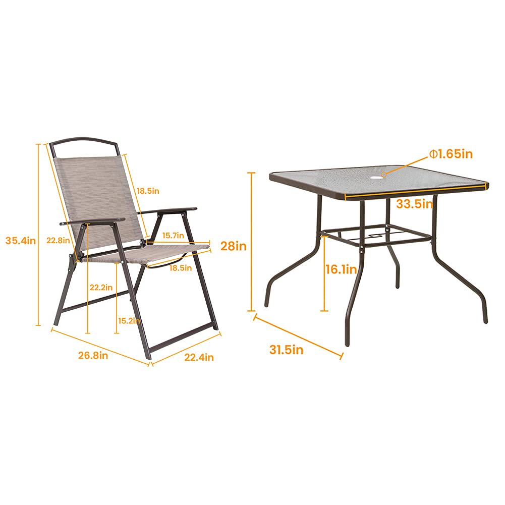 Crestlive Products 5 Piece Patio Dining Set with 4 Folding Chairs and Table Outdoor Dining Furniture with Square Glass Tabletop, Umbrella Hole for Bistro, Garden, Backyard, Deck (Beige)