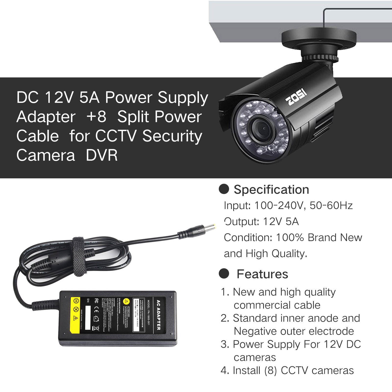 Fancy Buying New 12V 5A 60W DC Power Supply with a 8 Way CCTV Power Splitter Cable for CCTV Cameras,LED Srip Light (1 Piece)
