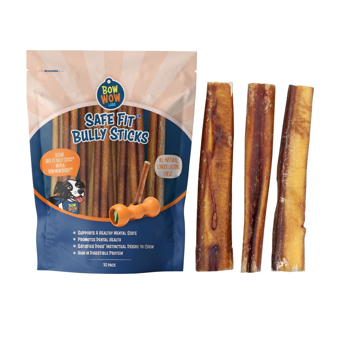 Bow Wow Labs 6" Bully Sticks for Dogs | 100% All Natural, Grass-Fed, Free-Range Beef | Low Odor | Long Lasting Chews | SafeFit | 10 Pack (Thin)