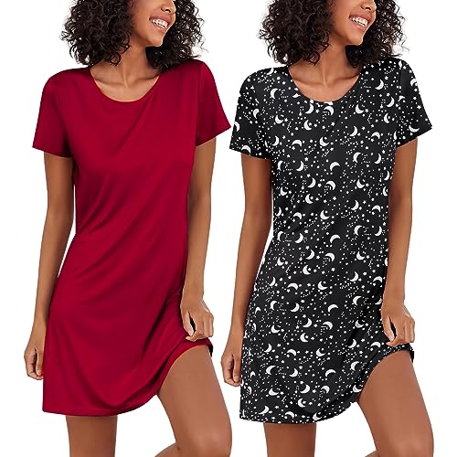 Ekouaer Sleepshirt Women 2 Packs O Neck Nightgown Cute Boyfriend Night Shirt Soft Loose Sleep Dress