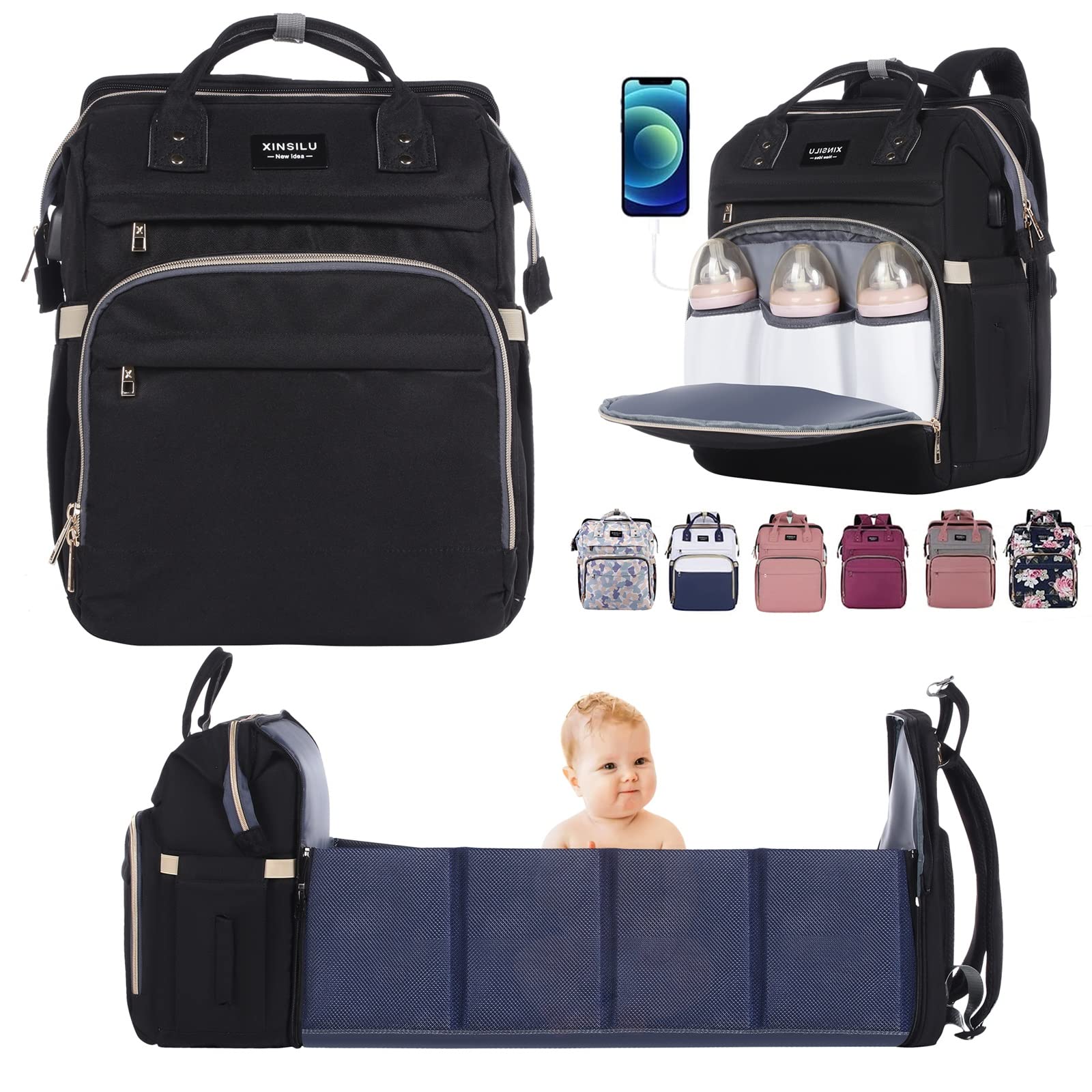 Xinsilu Diaper Bag Backpack Large Baby Diaper Bags for Boys & Girls with Changing Station, Changing Bags Baby Registry Search Waterproof Stylish Newborn Baby Essential Gifts Black…