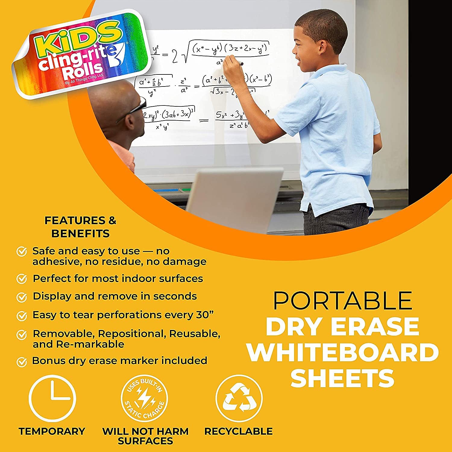 Clingers Dry Erase Kids Cling-rite Rolls, Portable Whiteboard, 50' ft roll, Sheet Size 20x30 for Kids Drawing and Planning, School, Arts and Crafts with 20 White Sheets and Bonus Dry Erase Marker