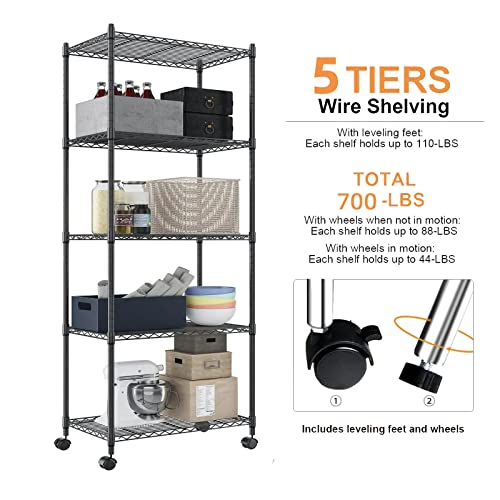 Storage Shelves (Black, 5-Shelf) 5-LAYER FAMILY SHELF, VERTICAL free combination shelf, kitchen, bedroom, garage, study, storage room, with wheels layer shelf, simple American heavy shelf.
