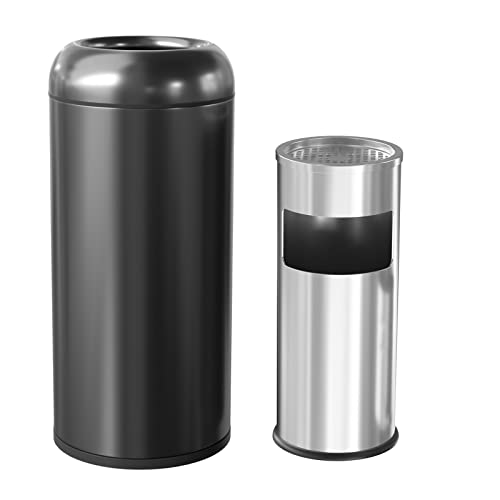 BEAMNOVA Bundle Black 15 x 31.5 in + Metallic 9.8 * 24 in Commercial Stainless Steel Trash Can with Lid Garbage Enclosure Inside Barrel Heavy Duty Waste Container