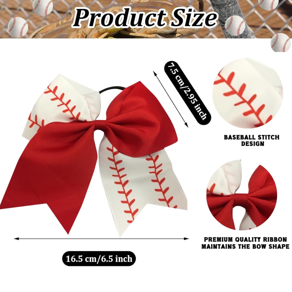 Sportybella - Baseball Stitch Hair Accessories for Girls - Red and White Softball Print Hair Bows, Ponytail Holders Gift Set - 6.5"