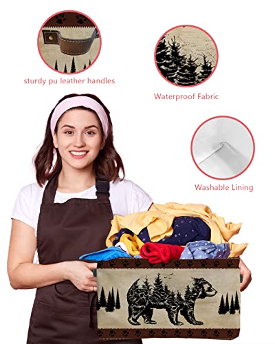 Bear Pine Trees Silhouettes Storage Basket for Shelves, Retro Paper Storage Cube Fabric Storage Bins, Closet Organizers with Handles for Book, Toys, Cloth, 15x11x9.5 Inch