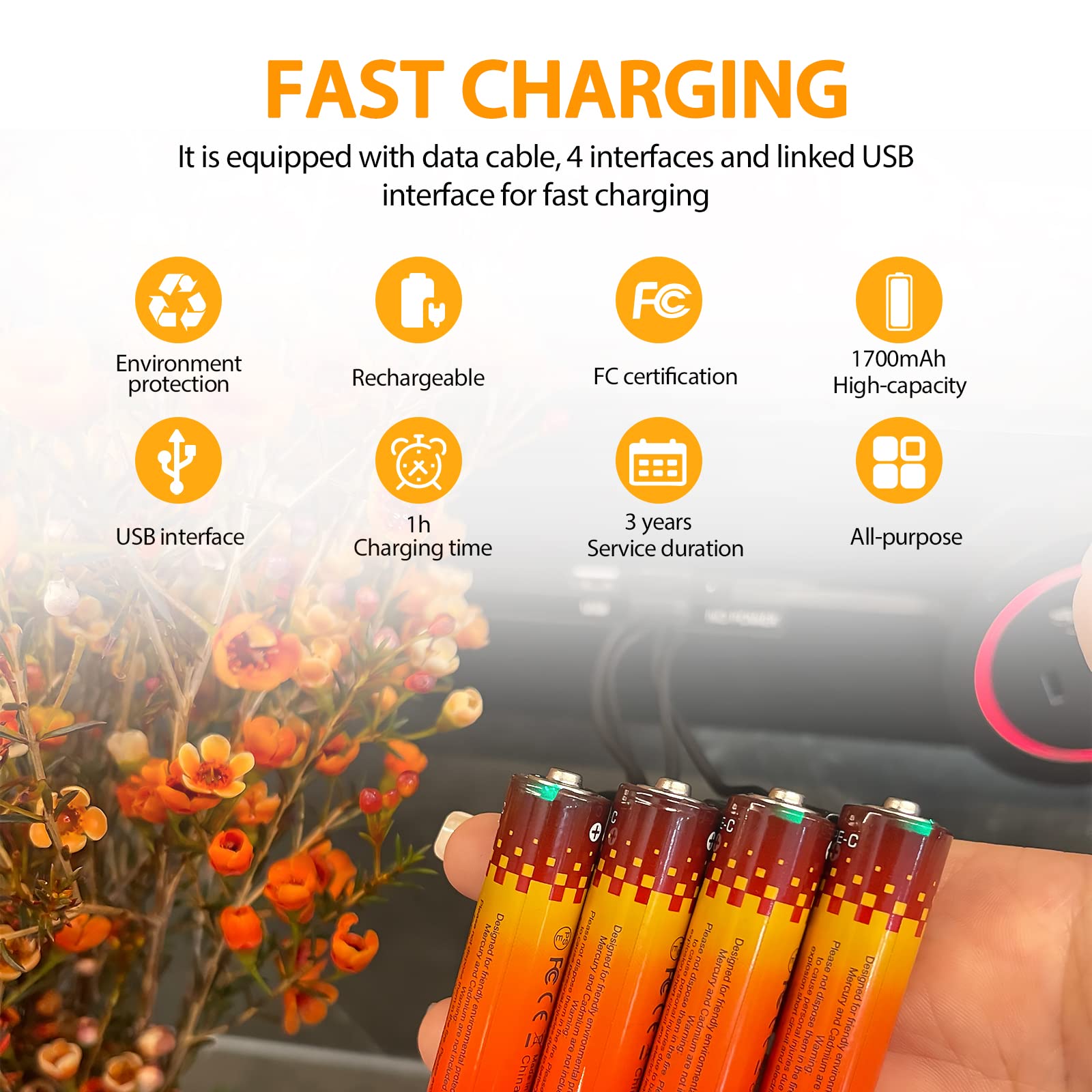 Roludom AA Rechargeable Batteries 1.5V / 2600mAh, USB-C AA Battery Lithium-ion Battery, 1.5h Fast-Charge,Not Need Extra Batteries Charger, The Battery can be Recycled 1200 Times-4 Pack