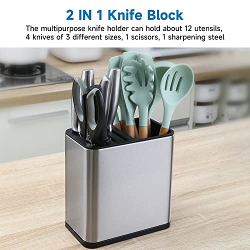 BIARTS 2 in 1 Universal Knife Block without Knives Stainless Steel Knife Holder for Kitchen Counter with Drainage Hole Knife Storage with Utensil Holder Modern Design, Rectangle, 7.7"L x 4.6"W x 7.9"H