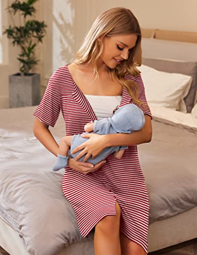 Ekouaer Women's Striped Short Sleeve Nightgown Button Down Sleepwear Soft Sleeping O-Neck Nightshirts Boyfriend Sleep Gown-Wine Red XL