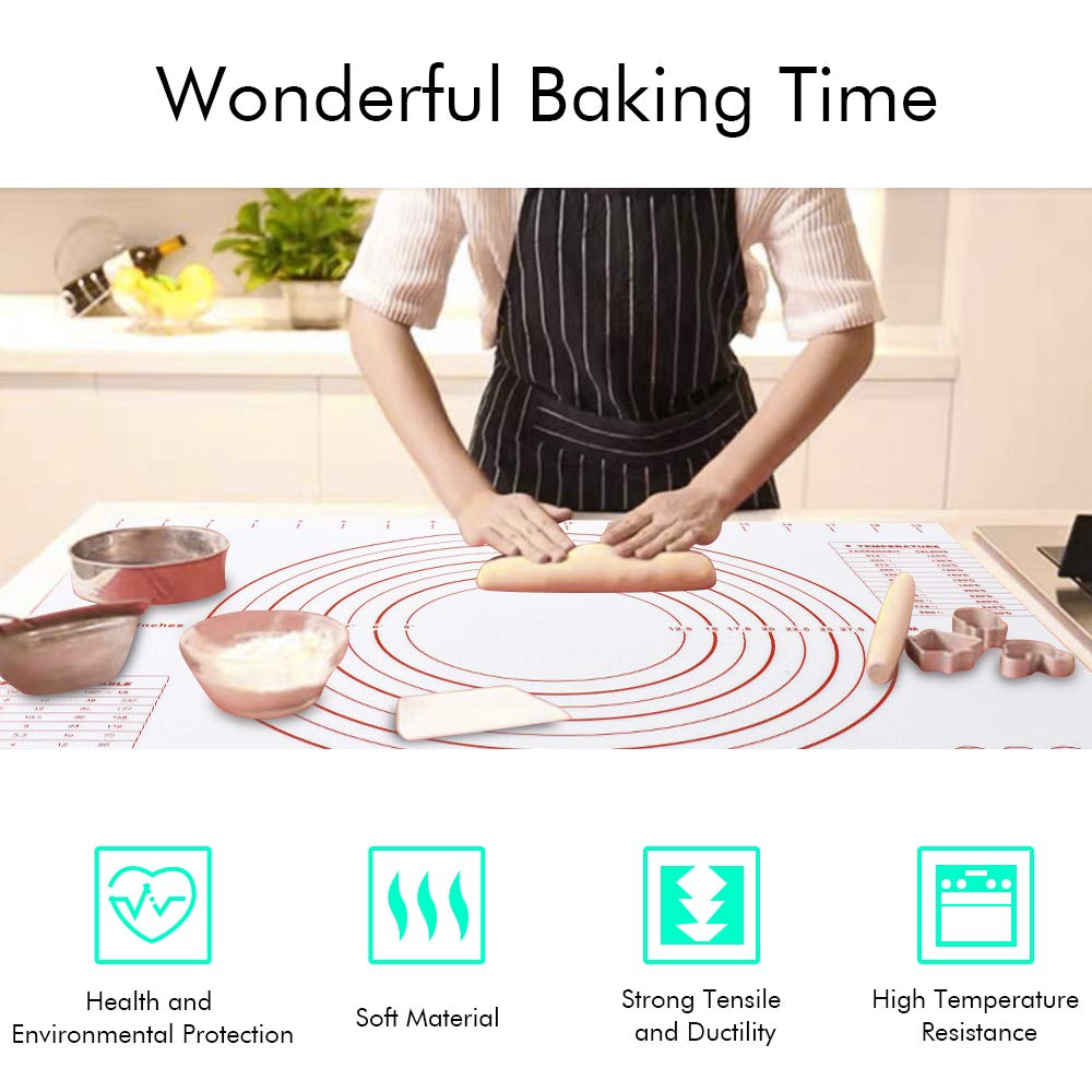 Asenky Food Grade Nonstick Silicone Pastry Bakers Mat,24”x16" Large Dough Rolling Mat with Measurements for Kneading Pie Crust Bread Cookies,Oven Liner