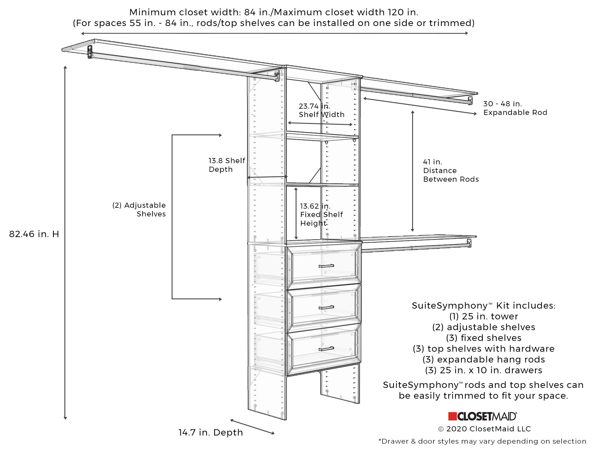 ClosetMaid 1937040 SuiteSymphony Modern 25-Inch Closet Organizer with Shelves and 3-Drawers, Pure White