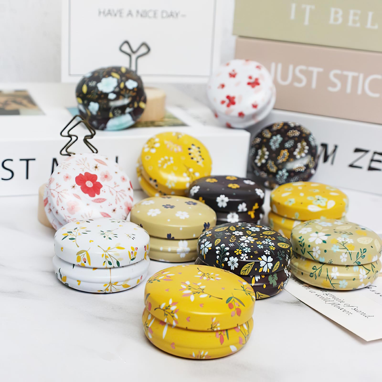 Rarapop 12 Pack Reusable Mini Round Tinplate Candle Tin Jars with Lids, 20ml Small Flower Travel Tin Cans Refillable Empty Container Bottle for Lip Balm, Salve, Eye Shadow, Powder