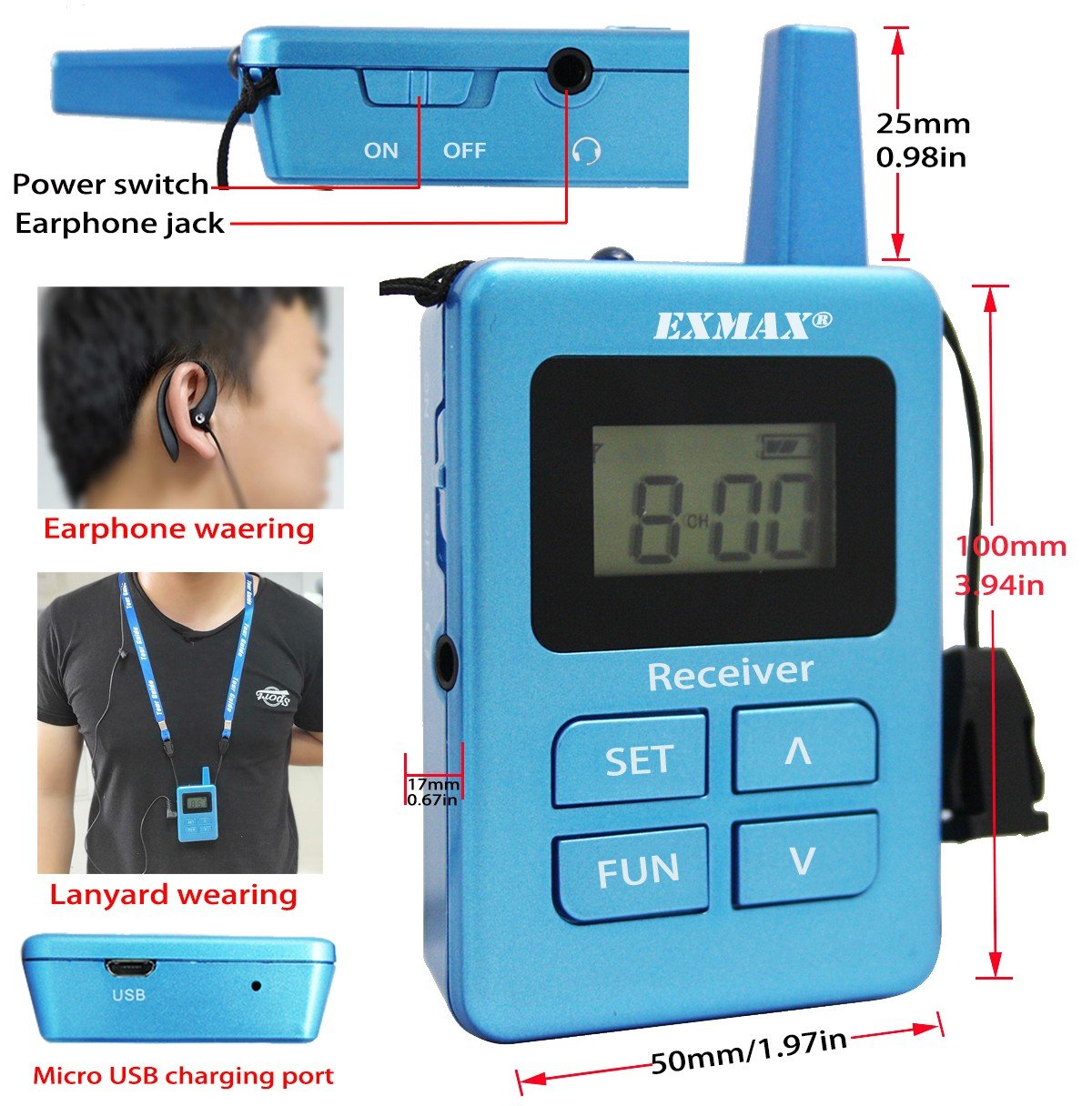 EXMAX ELGT-470 Wireless Whisper Acoustic Digital Transmission Tour Guide System 100 Channels for Tourism,Traveling,Conference,Training,Hajj,Church,Simultaneous Field,Interpretation(One Transmitter)