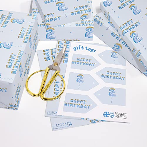 CENTRAL 23 Baby Boy Wrapping Paper - Age Two - 6 Sheets Blue Wrapping Paper - Happy 2nd Birthday Wrapping Paper - Comes With Stickers - Recyclable