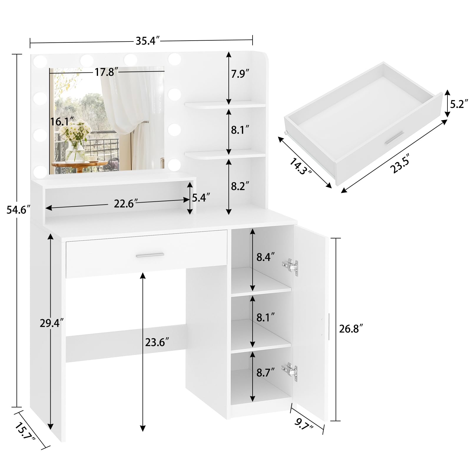 FIONESO Vanity Desk with 10 Lights & Mirror, 3 Storage Shelf, Big Drawer, Cabinet with Shelves, 3 Lighting Modes & Adjustable Brightness Dressing Table, Small Makeup Vanity, 35.4β Desk,Black