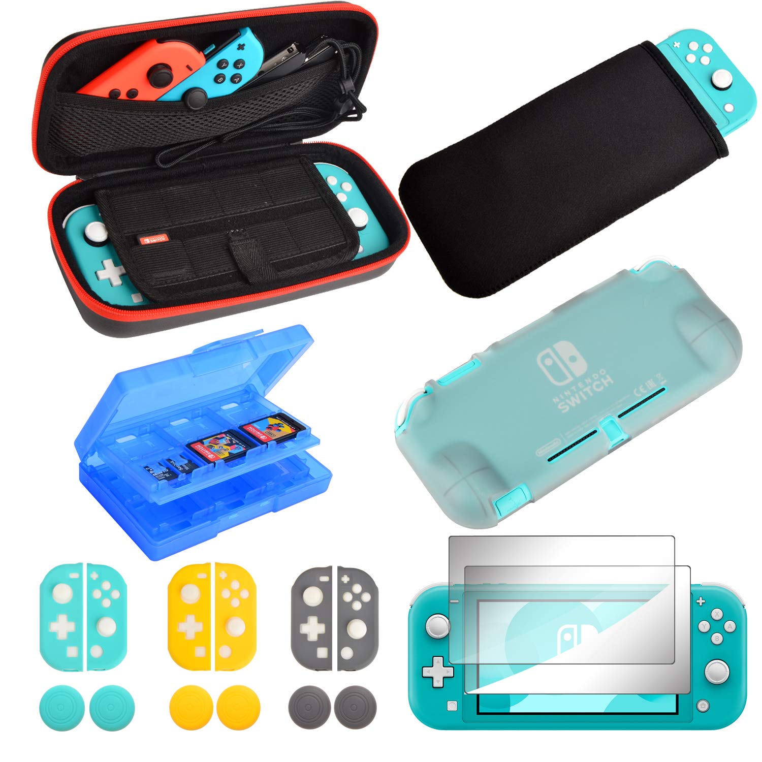 Accessories for Nintendo Switch Lite - 18 Pieces Accessories Bundle with Carry Case,Soft Pouch,TPU Cover,2 Tempered Glass Screen Protector,Thumb Grips Caps and More for Nintendo Switch Lite