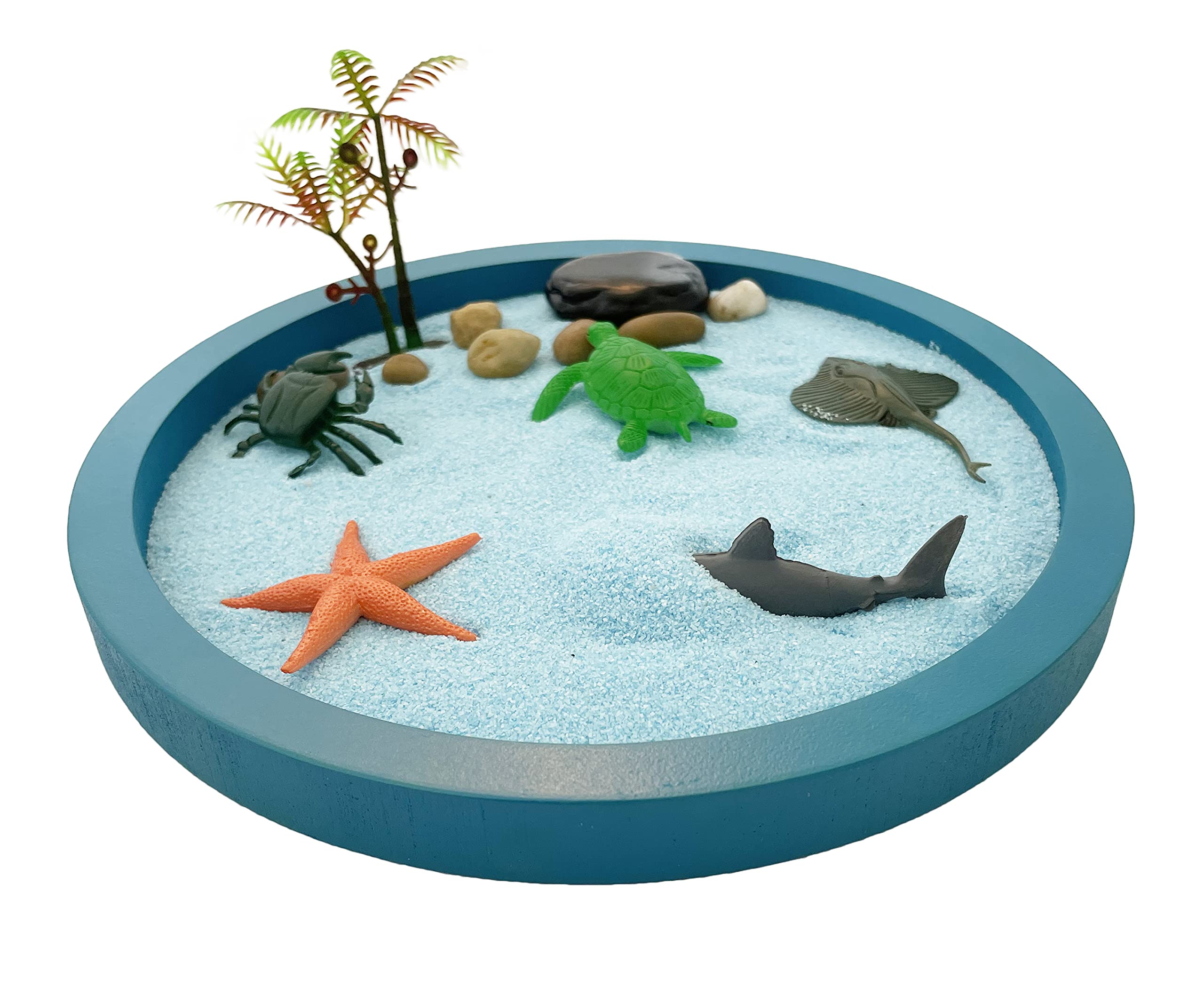 Japanese Zen Garden Mini Kit for Desk - Ocean Beach Theme - Relaxation, Meditation & Mindfulness - Gift for Birthdays, Christmas, Etc. - Includes Rake, Sand, 10+ Accessories! - Tray Diameter 8.5"