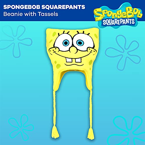 Concept One SpongeBob Squarepants Beanie Hat, Peruvian Knit Acrylic Beanie Cap with Tassels, Yellow, One Size