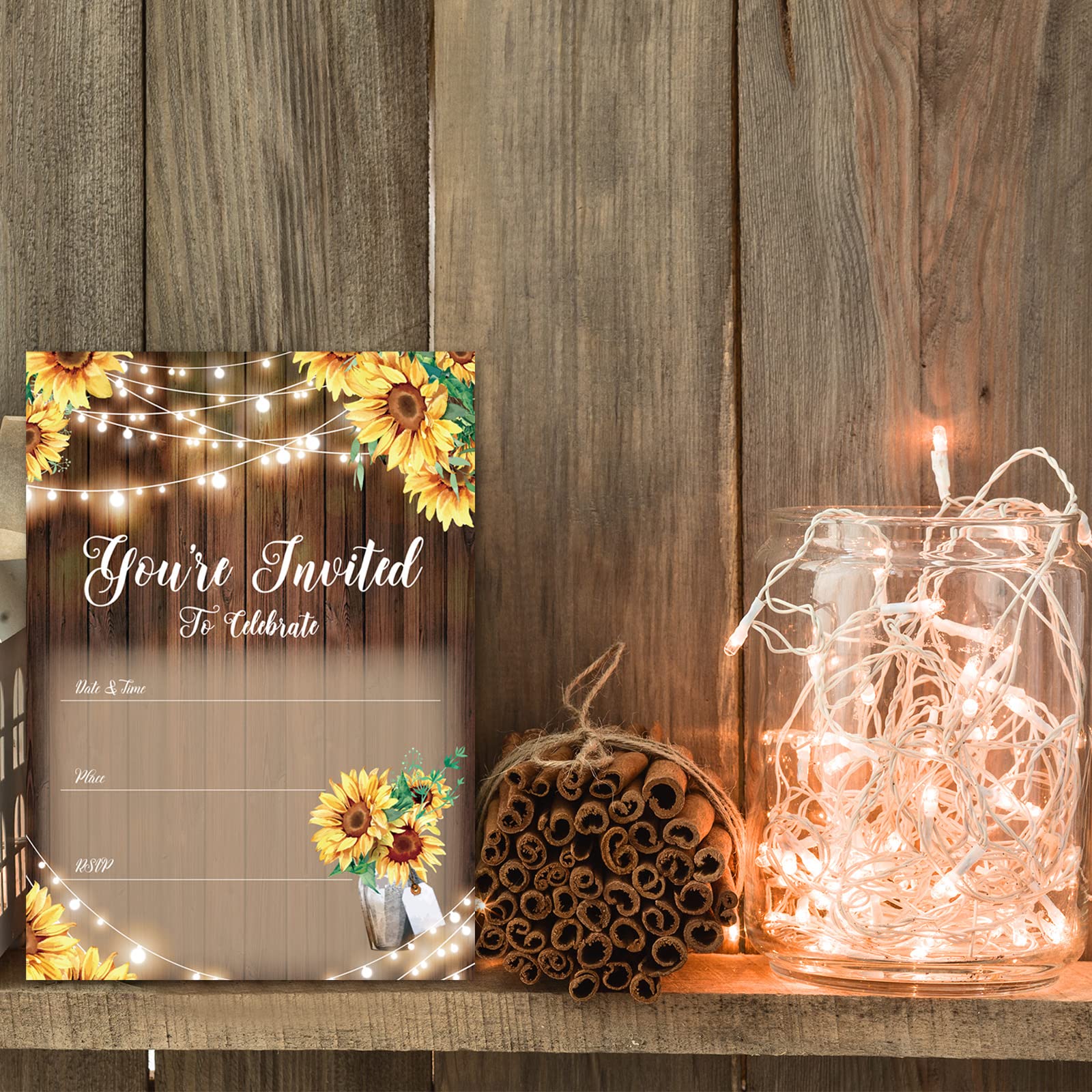AnyDesign Rustic Sunflower Fill-in Party Invitations, 25 Sets with 25 Envelopes, Suitable for Birthday, Baby Shower, Wedding, Bridal Shower, Rehearsal Dinner, Anniversary, etc.