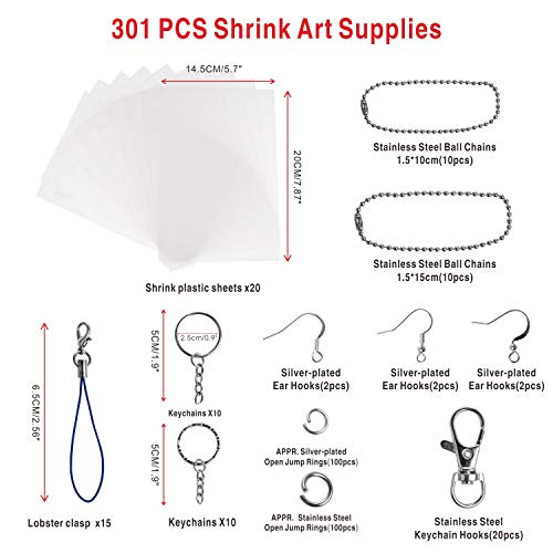BAPHILE Shrinky Dink,301PCS Shrink Art Plastic Sheets Kit Include 20PCS Clear Frosted Heat Shrinky Paper with 281PCS Keychains Accessories for Adults Kids Creative Craft School Project