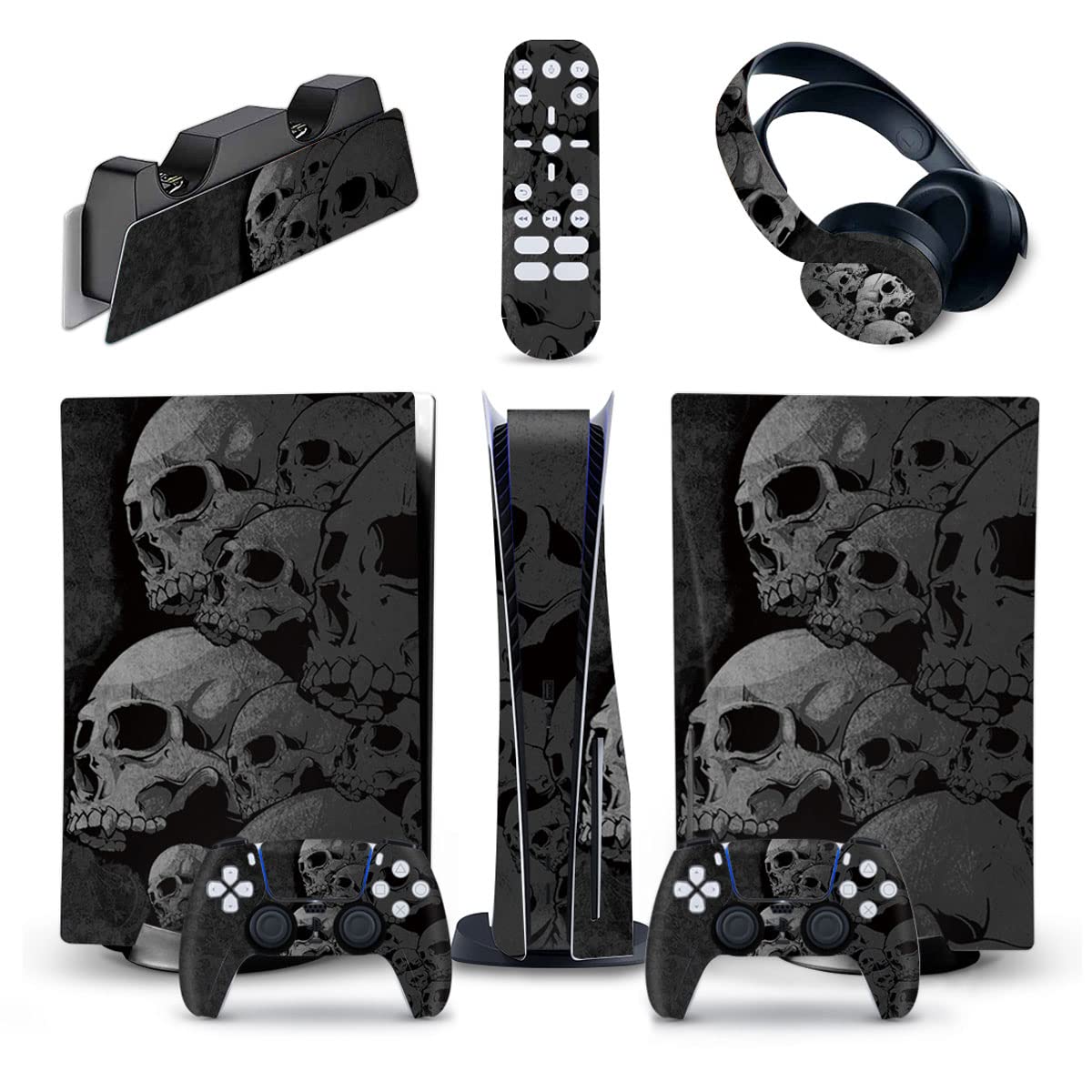 Full Body Vinyl Skin Sticker Decal Cover for PS5 Disc Version Controller & Charging Station & Headset & Media Remote - Black Skull