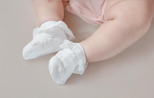 EPEIUS 5 Pack Baby-Girls Eyelet Frilly Lace Socks Newborn Princess Ankle Socks for 0-3 Months,Bow Pattern,White/Ivory/Pink/Purple/Green,Shoe Size 0-1
