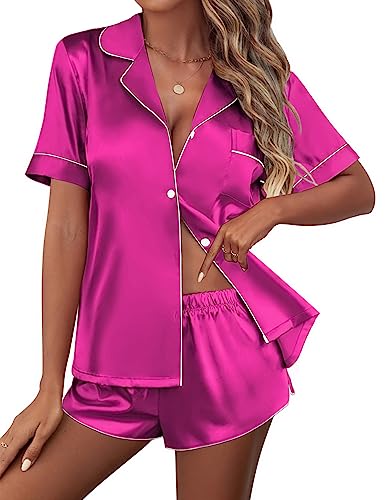 Ekouaer Womens Satin Silk Short Sleeve Button Down Top and Shorts Sleepwear Bridesmaid Pajamas Set Hot Pink Medium