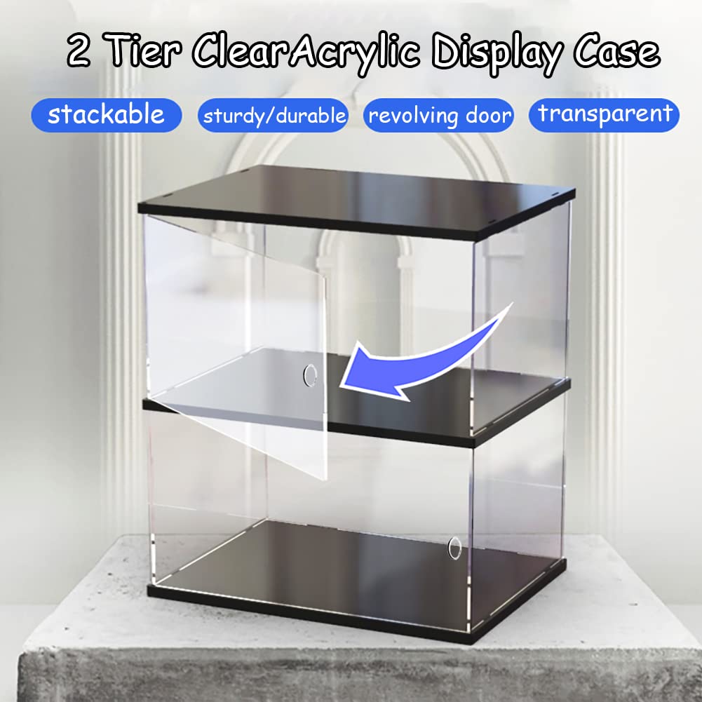 Clear Acrylic Display Case for Mini Funko Pop Figures with Light, 2 Layer Storage Cabinet Shelf Showcase for Toys Mini Figures Collectibles Rock Stone Crystals, Wooden Black Finish 10.2x4.7x11.4inch