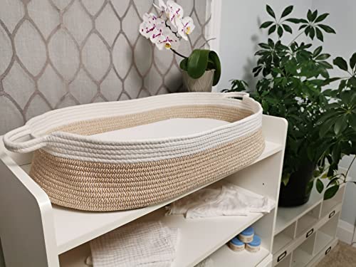 Lovely Nursery Baby Changing Basket Moses Basket 100% Cotton Rope and 1.2€ Thick Foam Pad with Removable Cover Change in Style and Comfort Beige/White Set